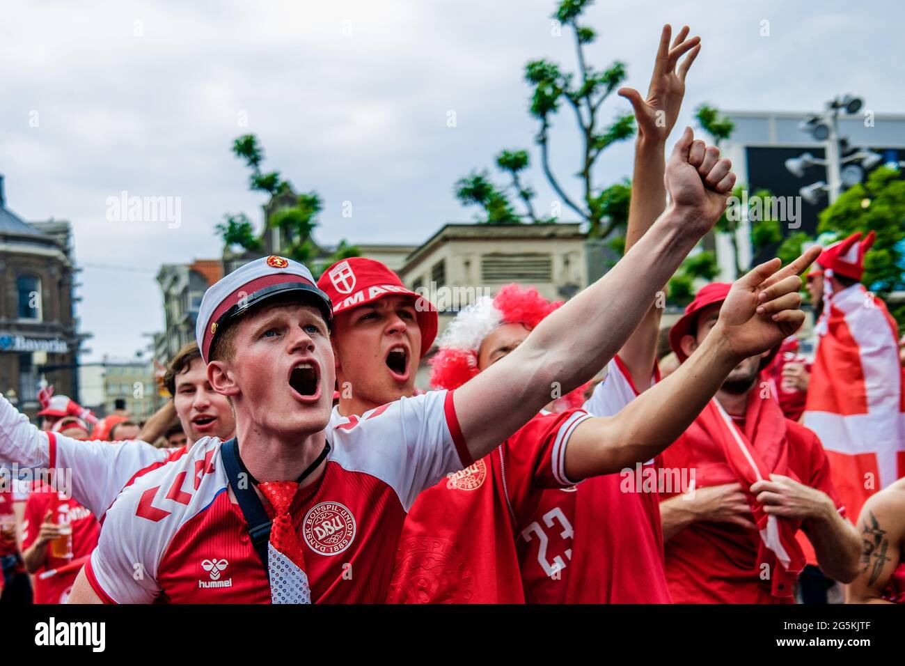 Amsterdam, Netherlands. 26th, June 2021. Danish football fans dressed ...