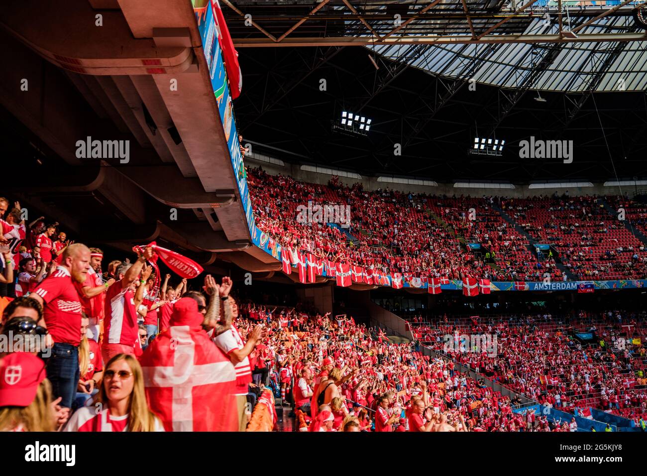 Amsterdam, Netherlands. 26th, June 2021. Danish football fans dressed ...
