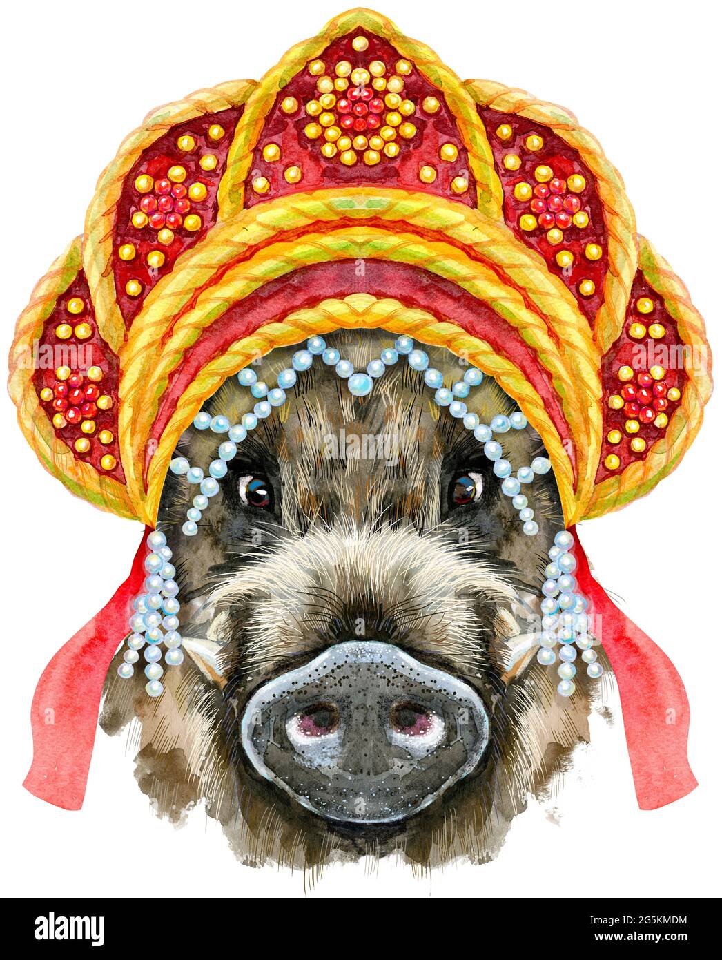 Cute piggy in Russian national headdress kokoshnik. Wild boar for T ...