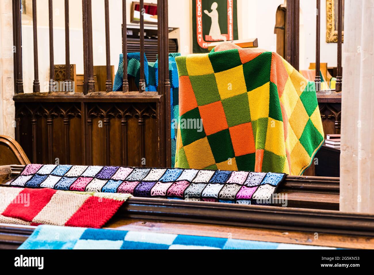 Knitting on Display in a Church, destined for the poor in Moldova Stock ...