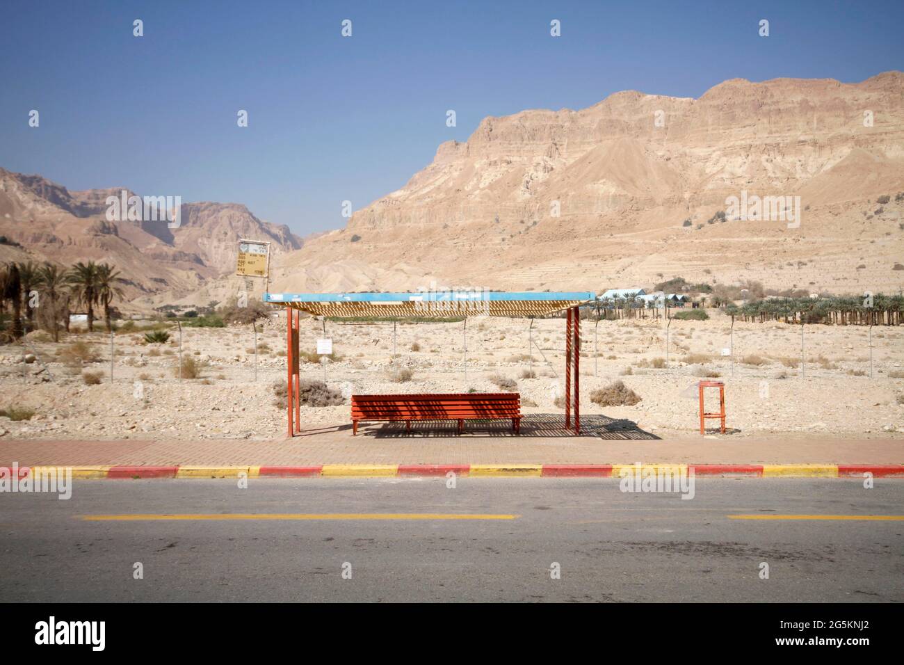 Abandoned bus stop by the dead sea on the road to En Gedi, Negev desert ...