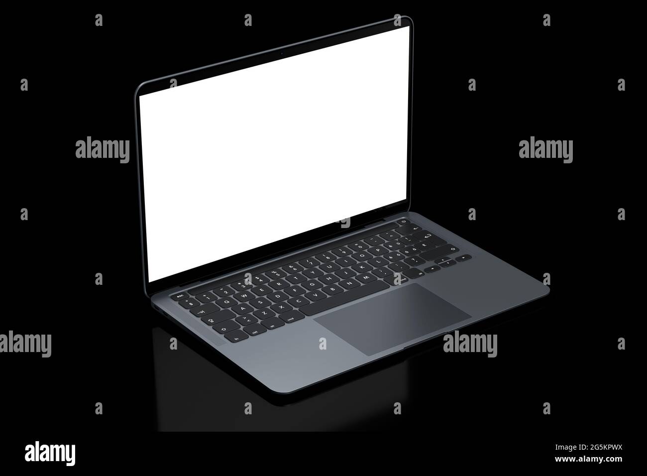 Realistic aluminum laptop with empty white screen isolated on black ...