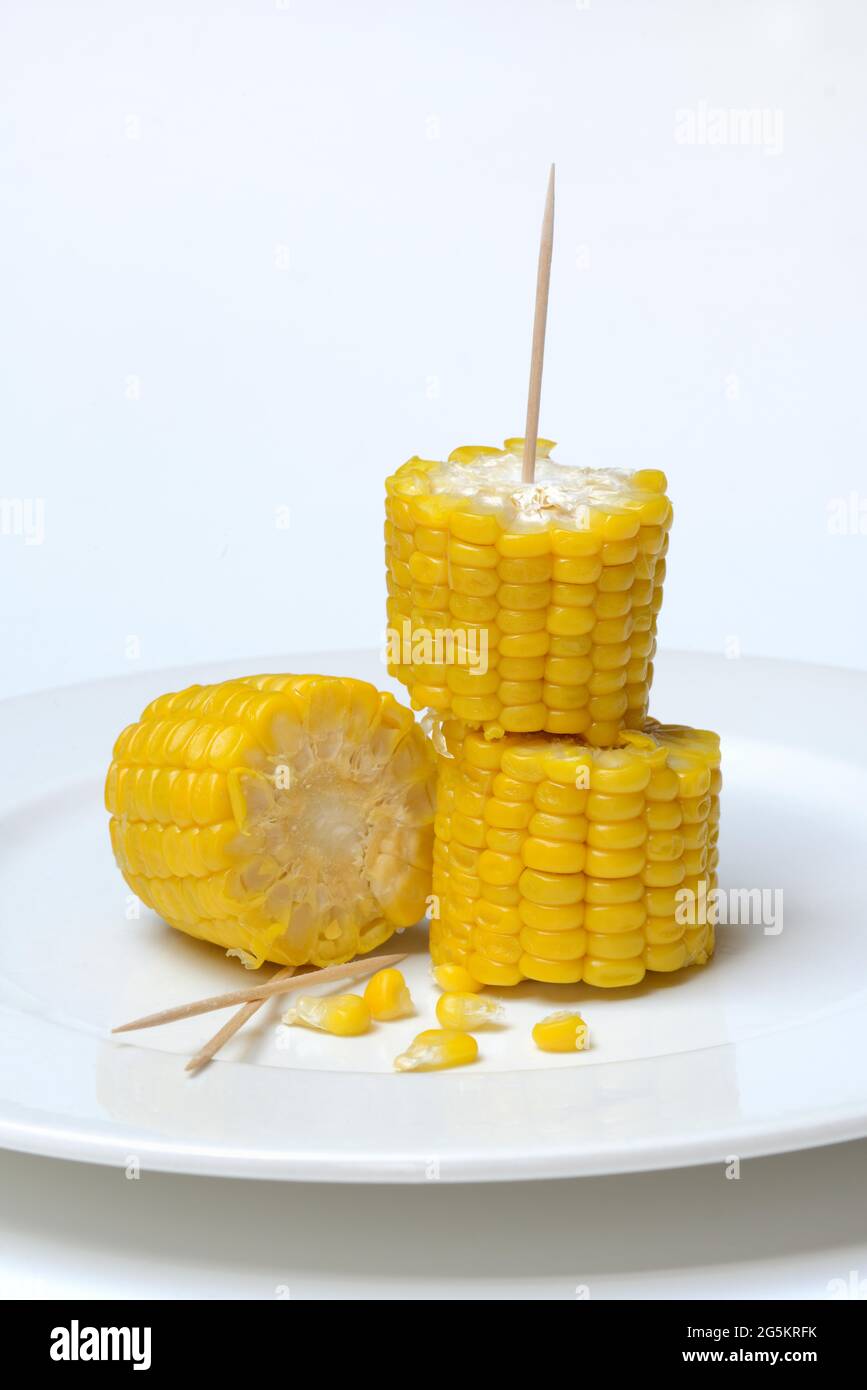Cooked corn cobs, cut up, on plate, Germany, Europe Stock Photo - Alamy