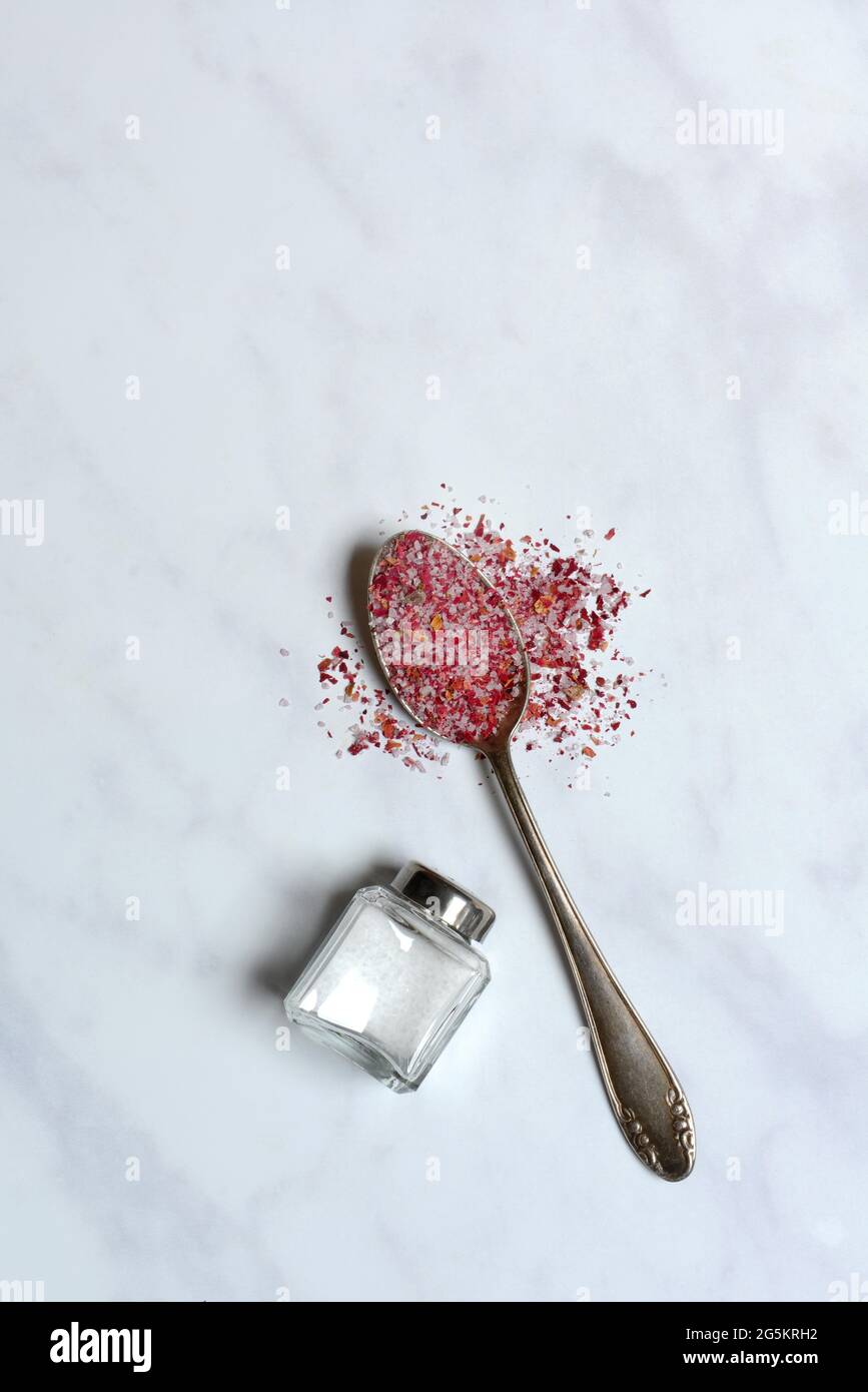 Rose salt in spoon and salt shaker, rose petal salt, Germany, Europe ...