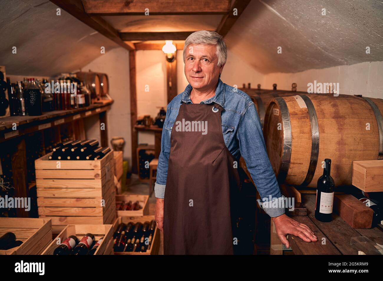 Handsome man in apron standing in wine cellar Stock Photo - Alamy