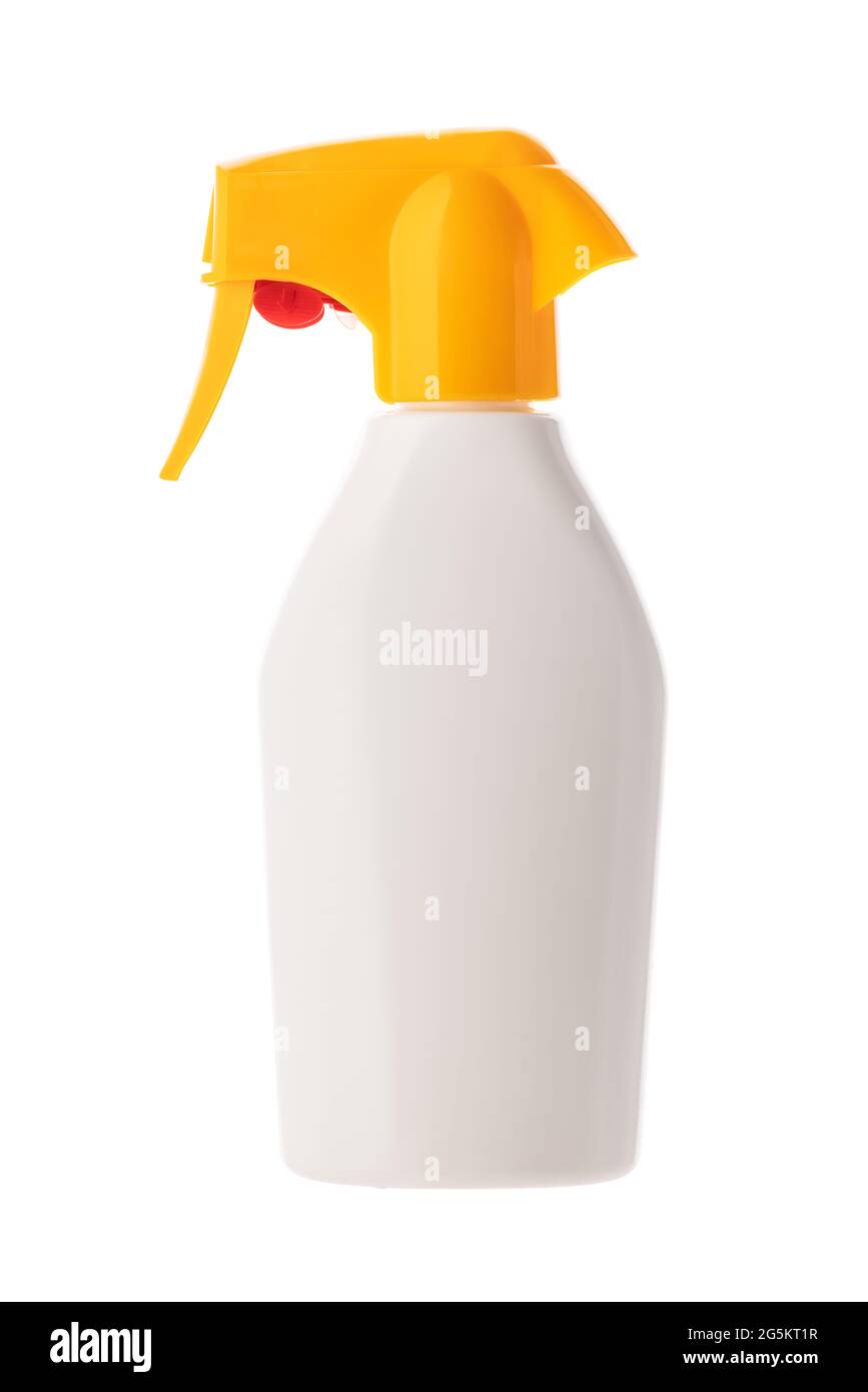 Sun protection lotion. White blank plastic spray bottle isolated on ...