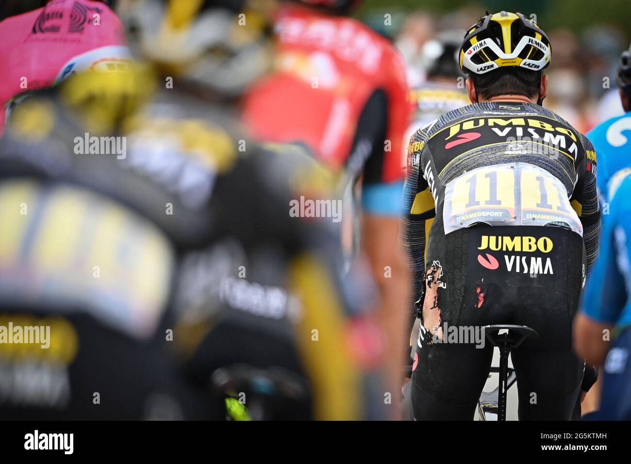Slovenian Primoz Roglic of Team Jumbo-Visma pictured after a fall ...