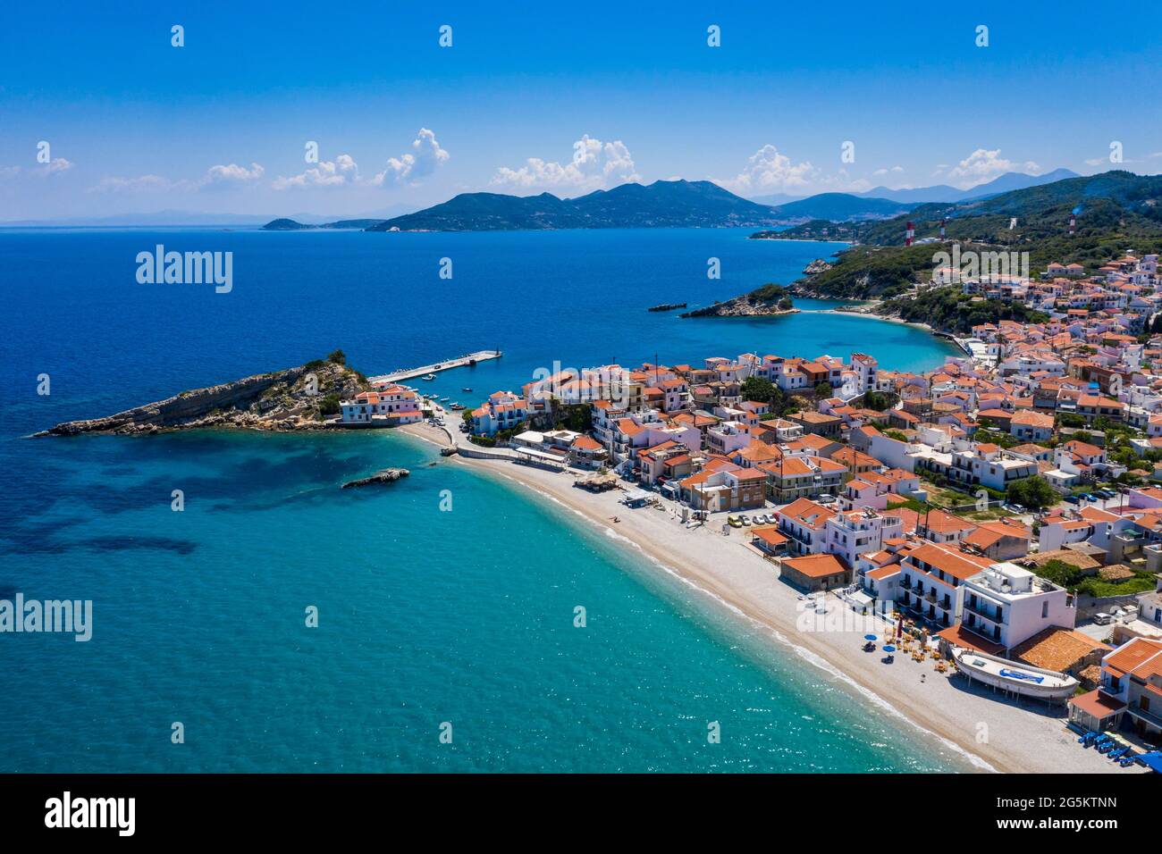 Aerial view, Village view with pebble beach and harbour, Kokkari, Samos ...