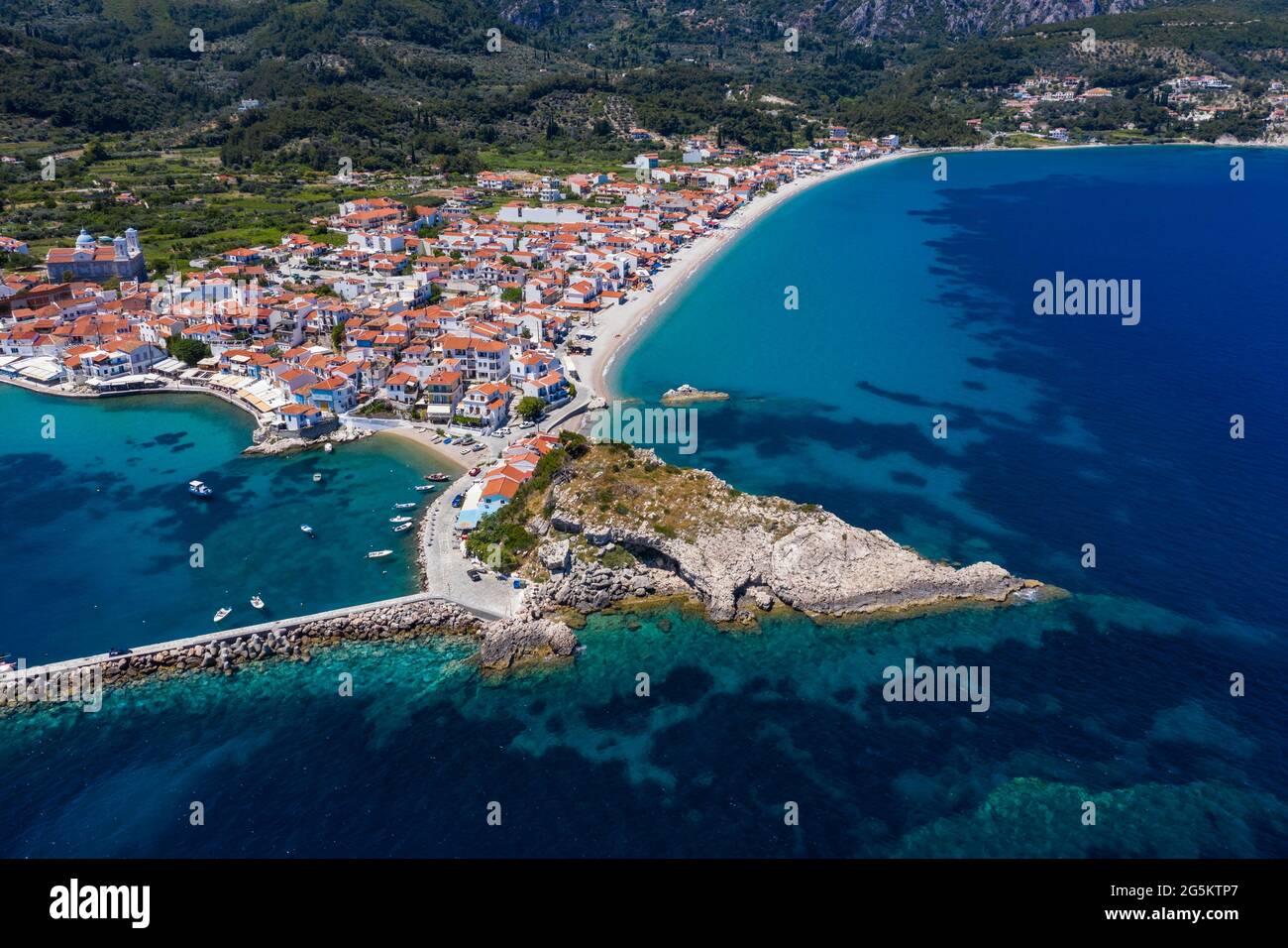 Aerial view, Village view with pebble beach and harbour, Kokkari, Samos ...