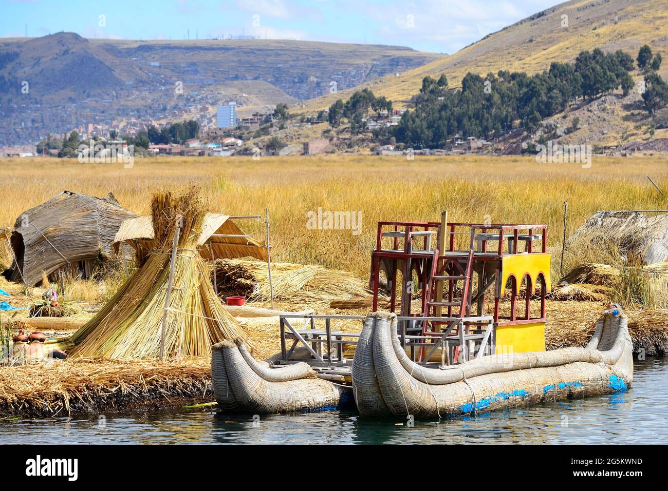 Typical reed boats at a floating island of the Uro, Lake Titicaca, Puno ...
