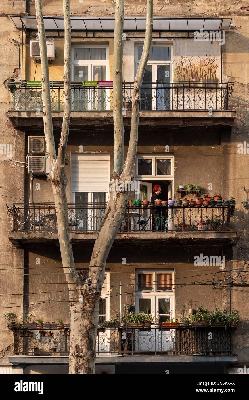 Balconies of a dilapidated apartment building, Cara Duana, Belgrade ...