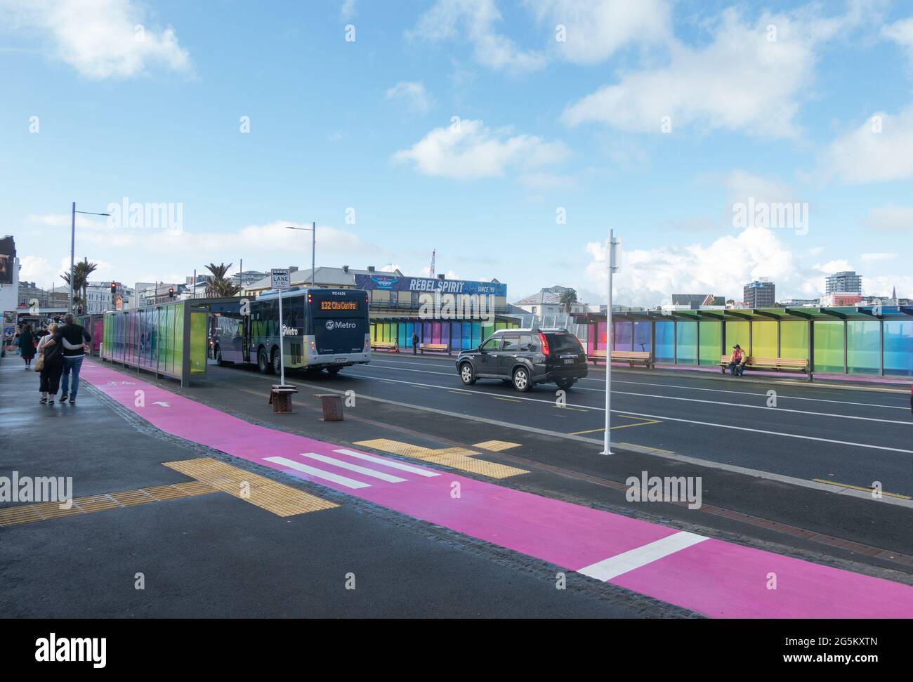 Auckland New zealand - June 19 2021; Pink cycle lane on footpath ...