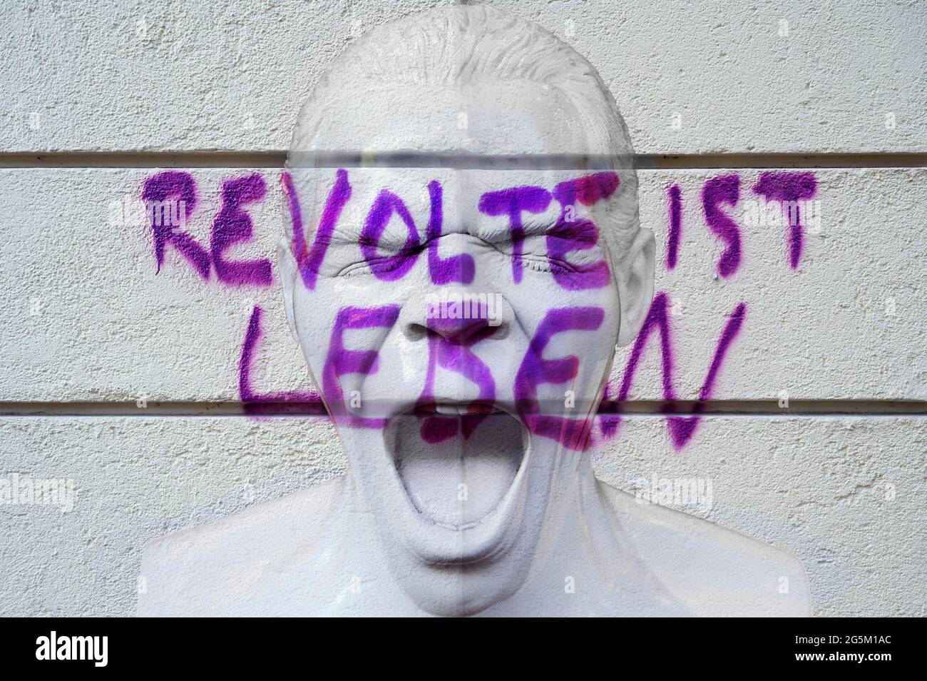 Photomontage, symbolic image, sprayed lettering, revolt is life Stock ...