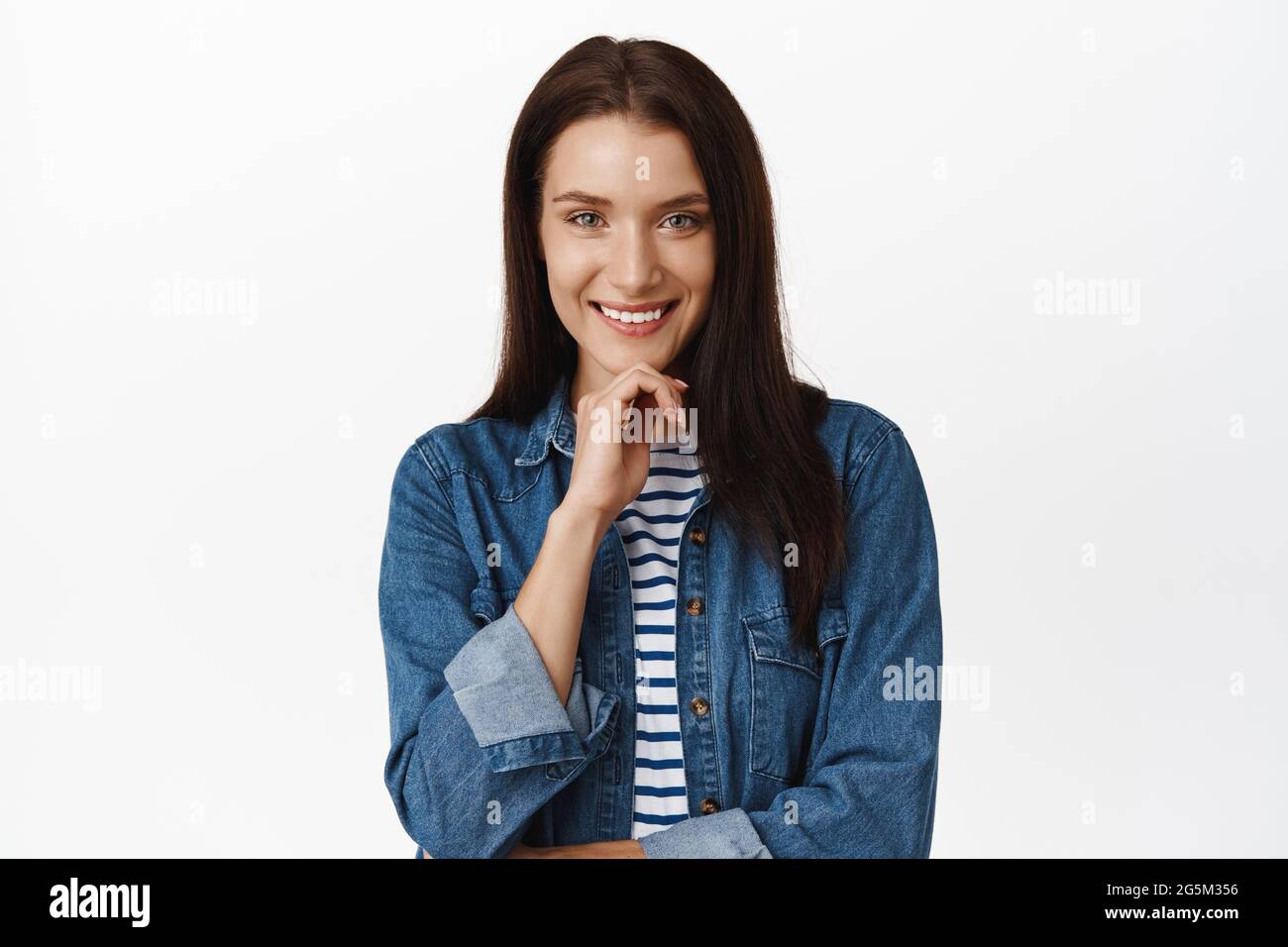 Image of woman thinking, making decision, planning investment, smiling ...
