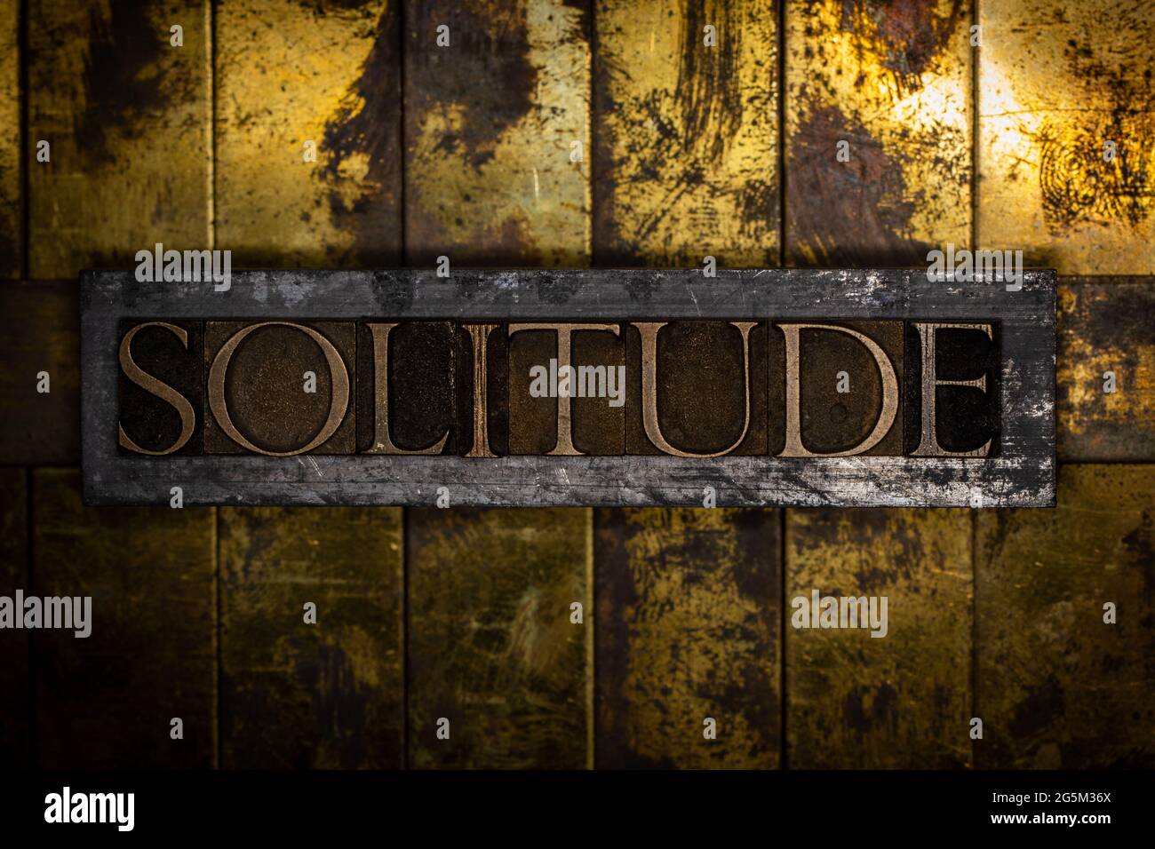 Solitude text on vintage textured grunge copper and gold background ...