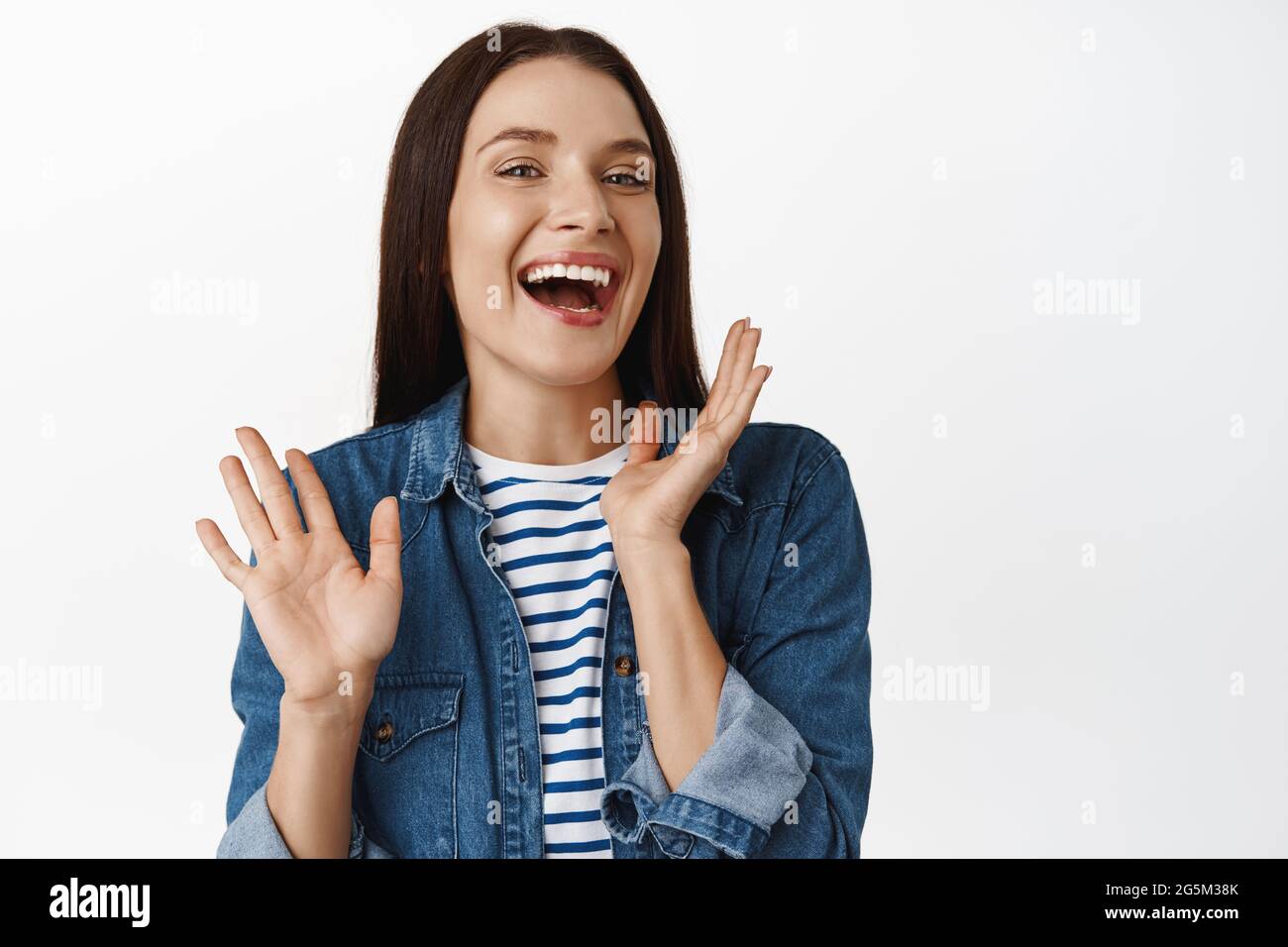 Close up of happy adult brunette woman laughing, enjoy conversation ...