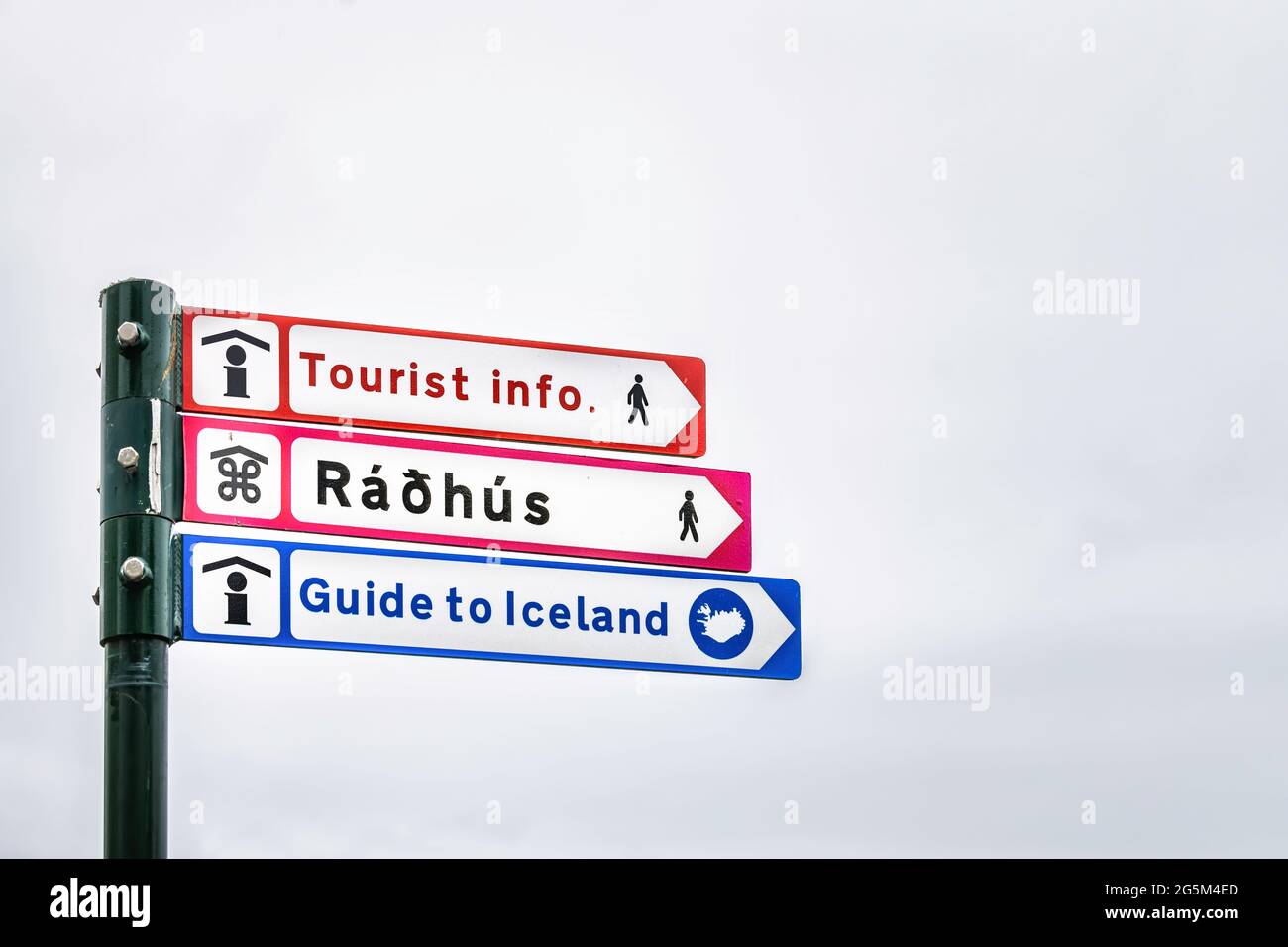 Reykjavik, Iceland street road in downtown center and sign for ...