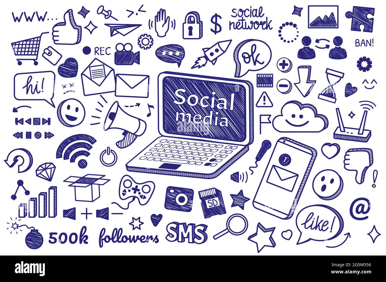 Social media hand drawn doodles. Internet signs and symbols. Blogging ...