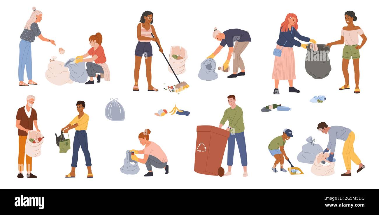 People collecting garbage into trash bags and containers. Men and women ...