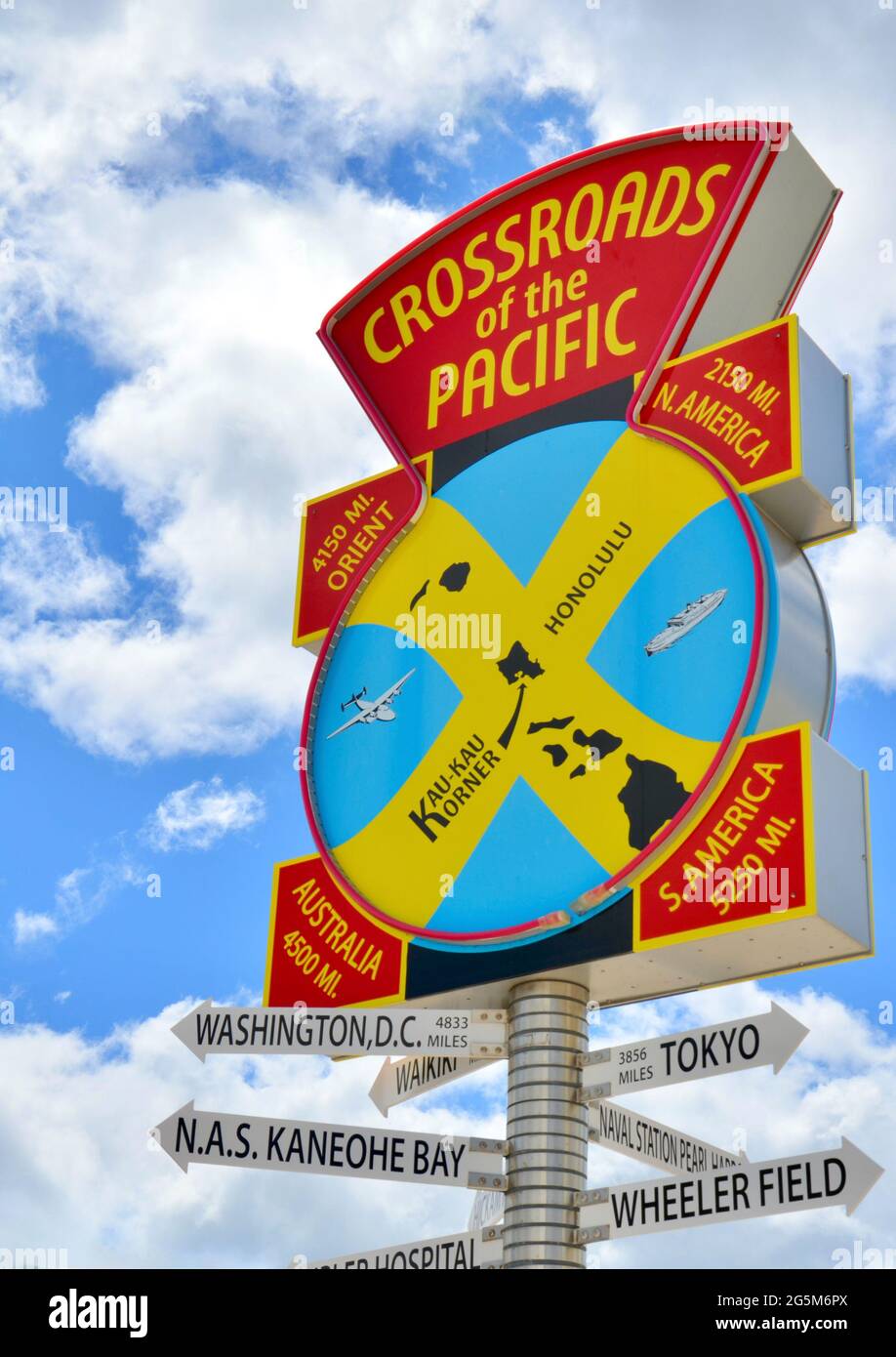 Crossroads of the Pacific miles marker sign at Pearl Harbor Stock Photo ...