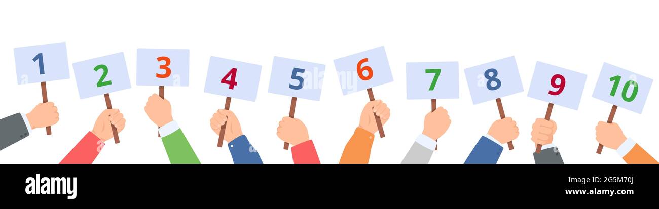 Holding score signs. Hands hold scorecards with numbers. Judges ...