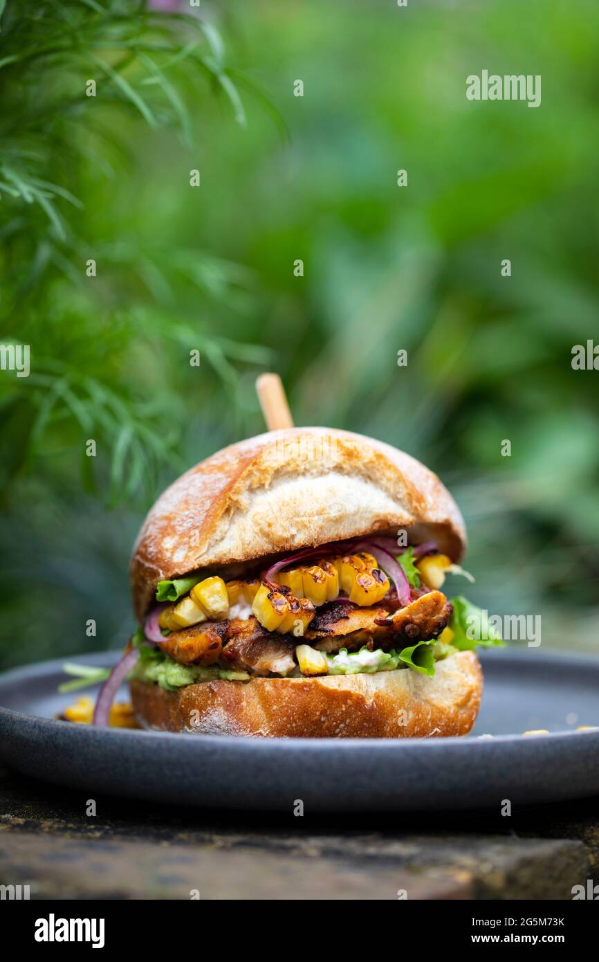 Rustic bread roll with chipotle chicken, grilled swet corn and avocado ...