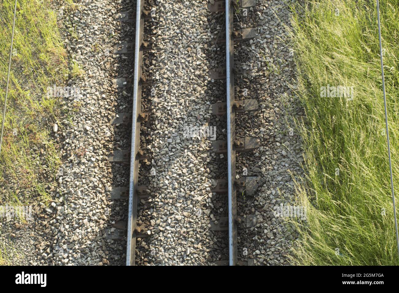 Railway rails and concrete sleepers, top view. Rails and sleepers ...
