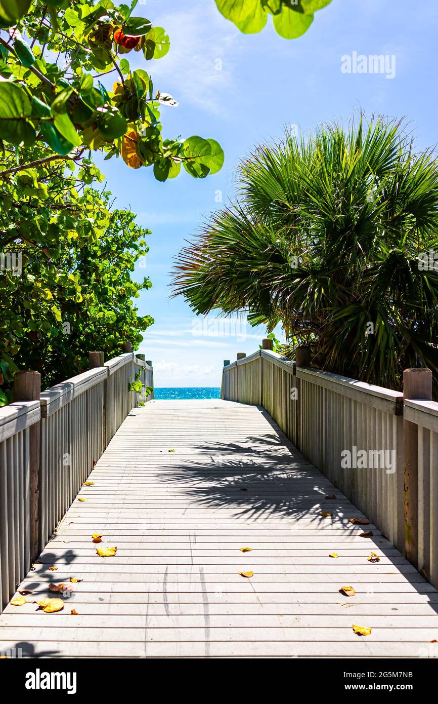 Hollywood, Miami beach boardwalk vertical view in Florida with wooden ...