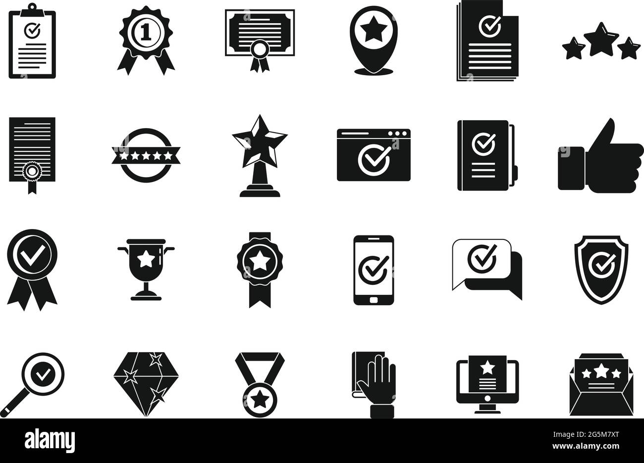 Certificate quality assurance icons set simple vector. Exam growth ...