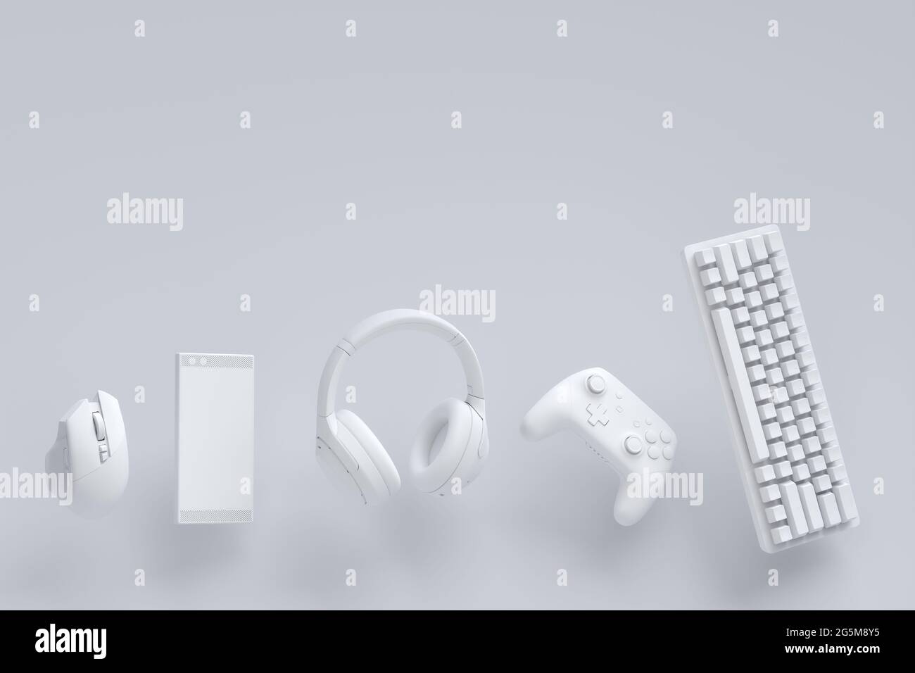 Flying gamer gears like mouse, keyboard, joystick, headset, VR on white ...