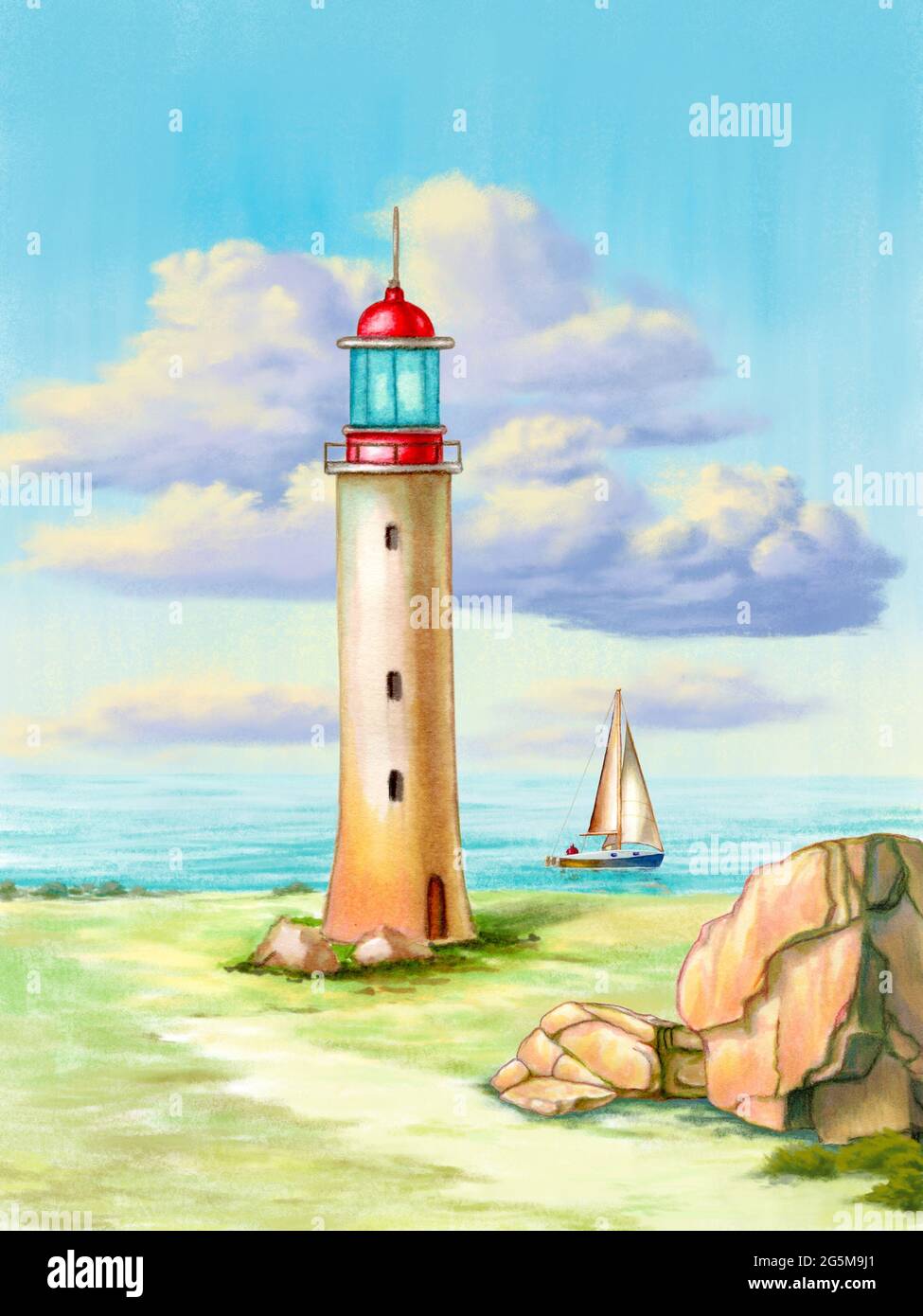 Lazy summer afternoon with lighthouse and seascape. Mixed media ...
