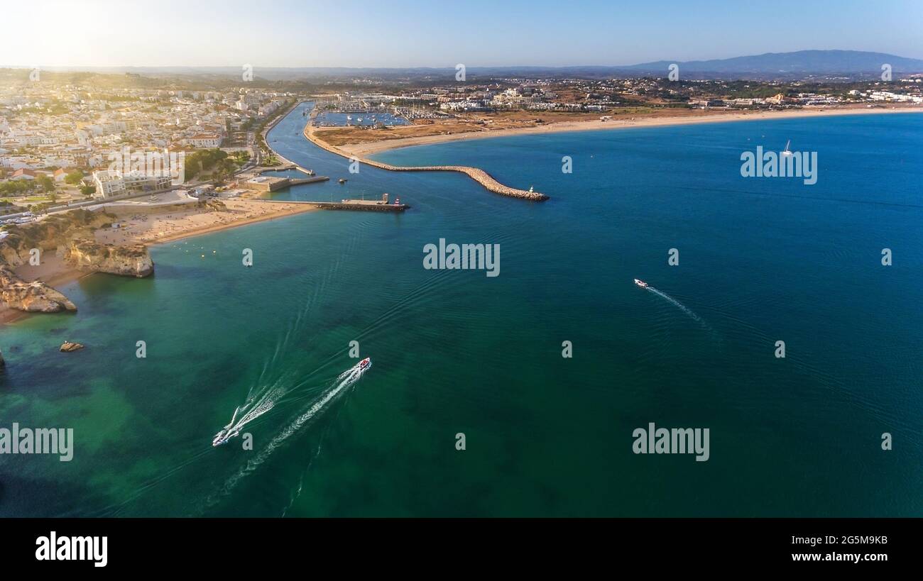 Aerial view from the sky of the Portuguese coastline of the Algarve ...