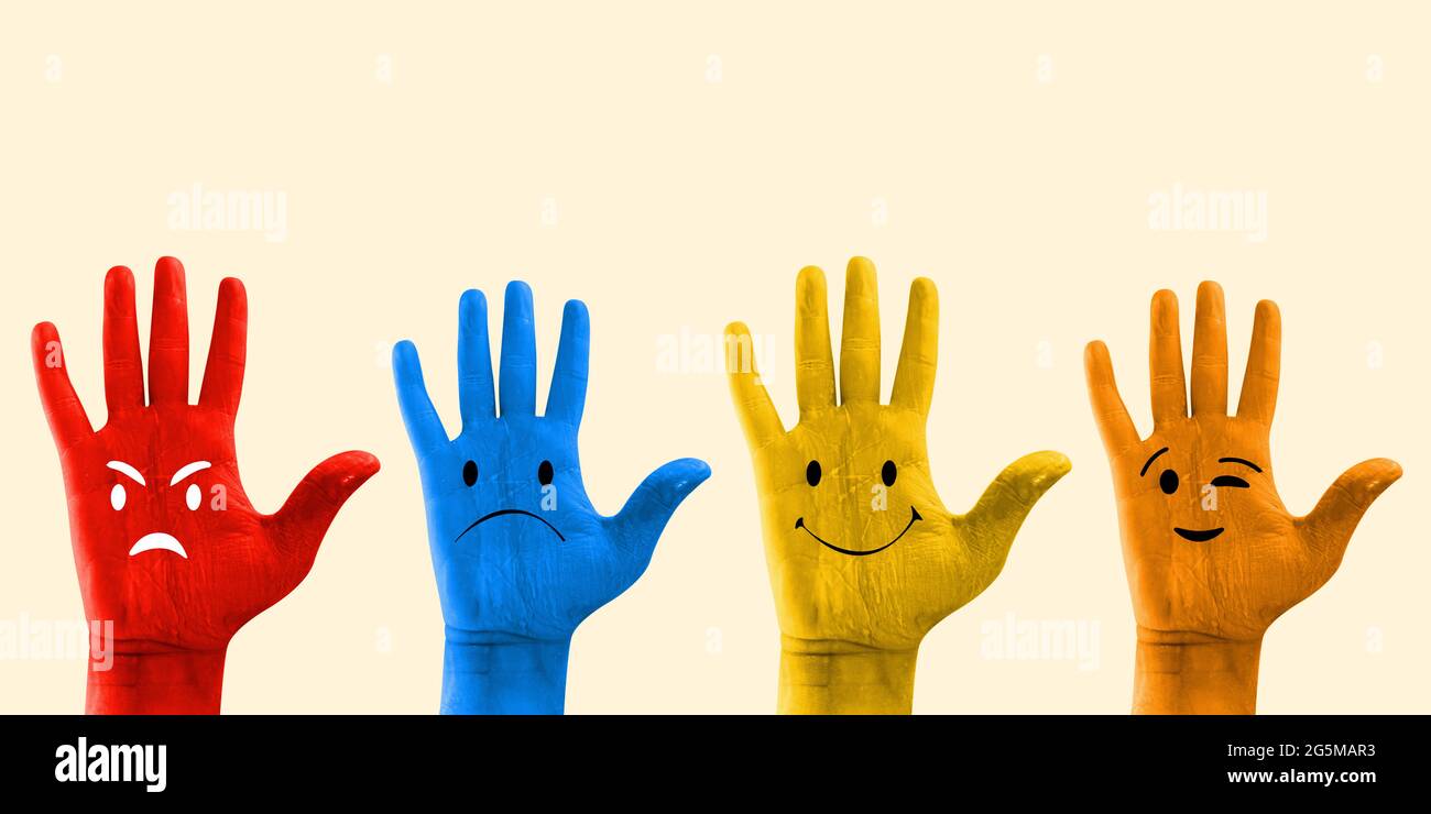 Colorful Emojis Reactions Painted on Hands Modern Background. Smiling ...