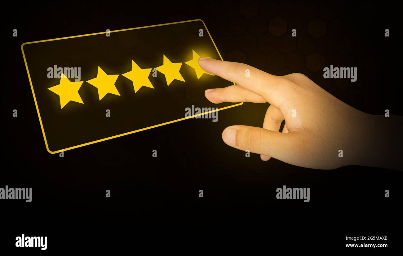 Modern Five Star Rating Background with Yellow Glowing Stars and Hand ...