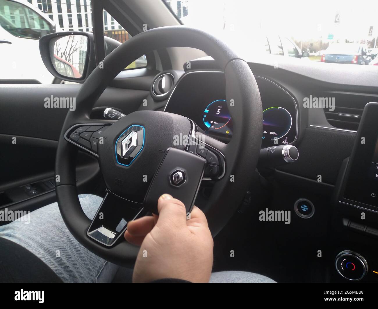New Renault Zoe electric car interior. Steering wheel with control ...