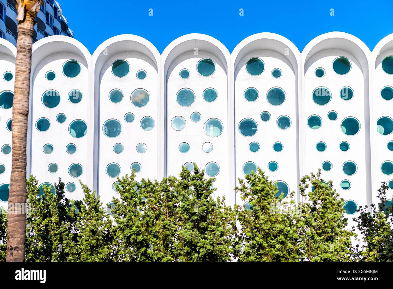 Abstract exterior architecture facade of art deco blue and white ...