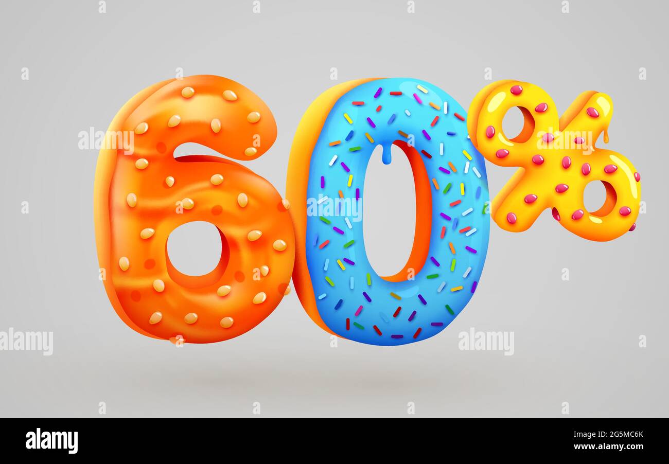 60 percent Off. Discount dessert composition. 3d mega sale symbol with ...