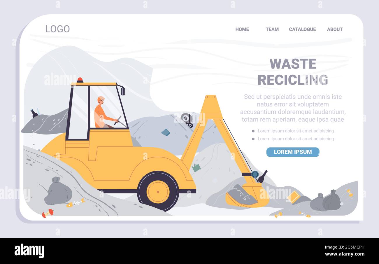 Flat cartoon industrial workers characters at garbage disposal ...