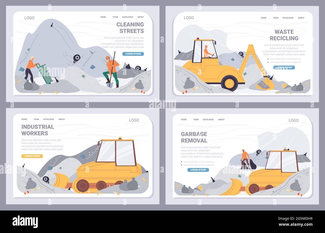 Flat cartoon industrial workers characters at garbage disposal ...