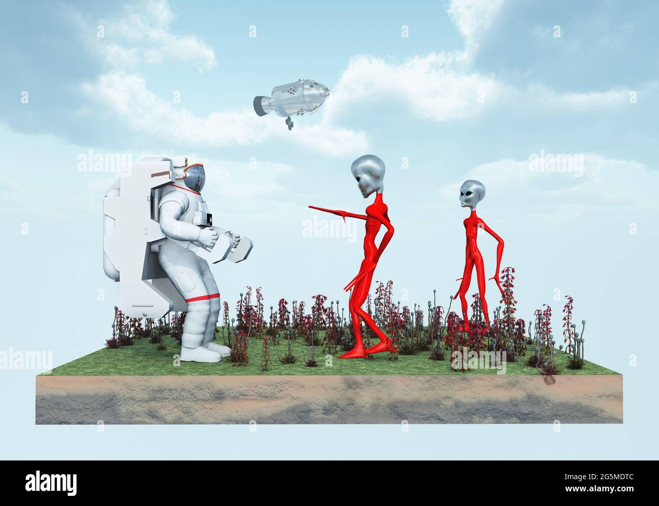 Astronaut, spaceship and aliens Stock Photo - Alamy