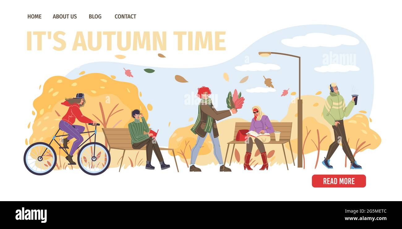 Flat cartoon characters autumn activities vector illustration concept ...