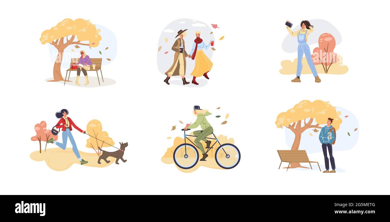 Flat cartoon characters autumn activities vector illustration concept ...