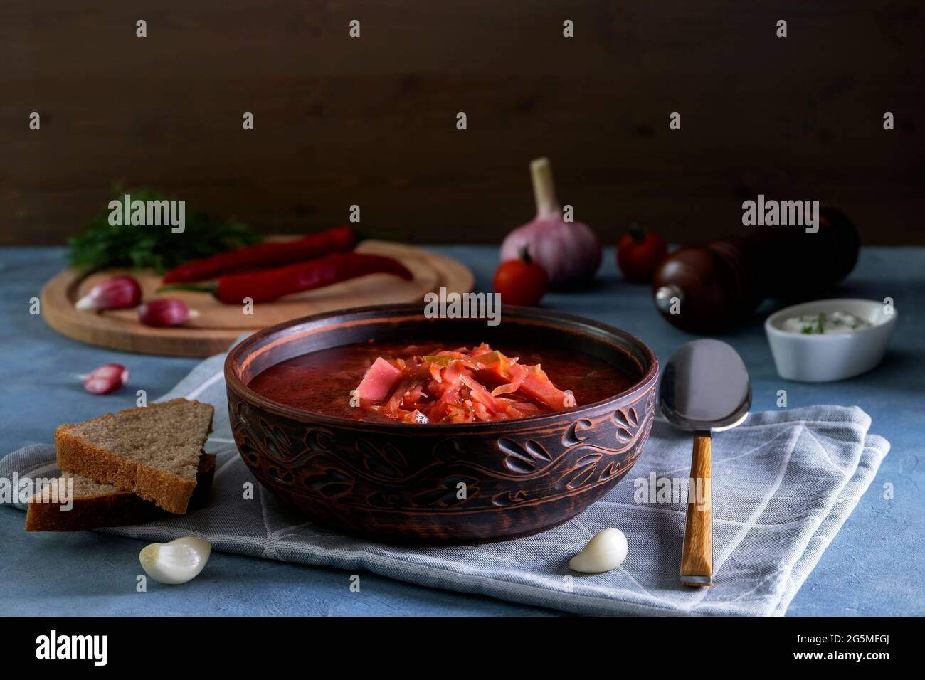 Close-up of the traditional Russian soup borscht made from cabbage ...