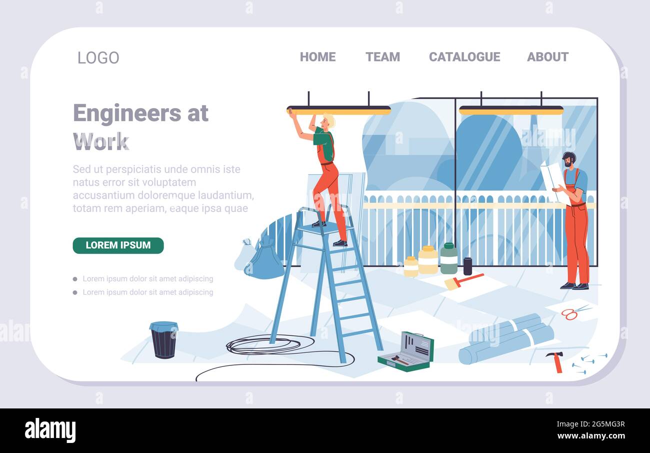 Flat cartoon industrial workers characters at office repair renovation ...