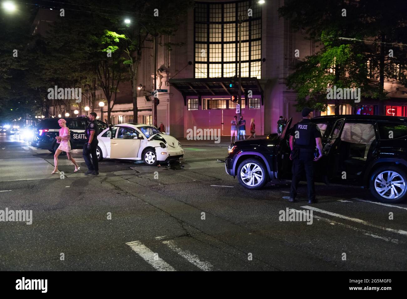 Seattle, USA. 28th Jun, 2021. Late in the evening a two-vehicle ...
