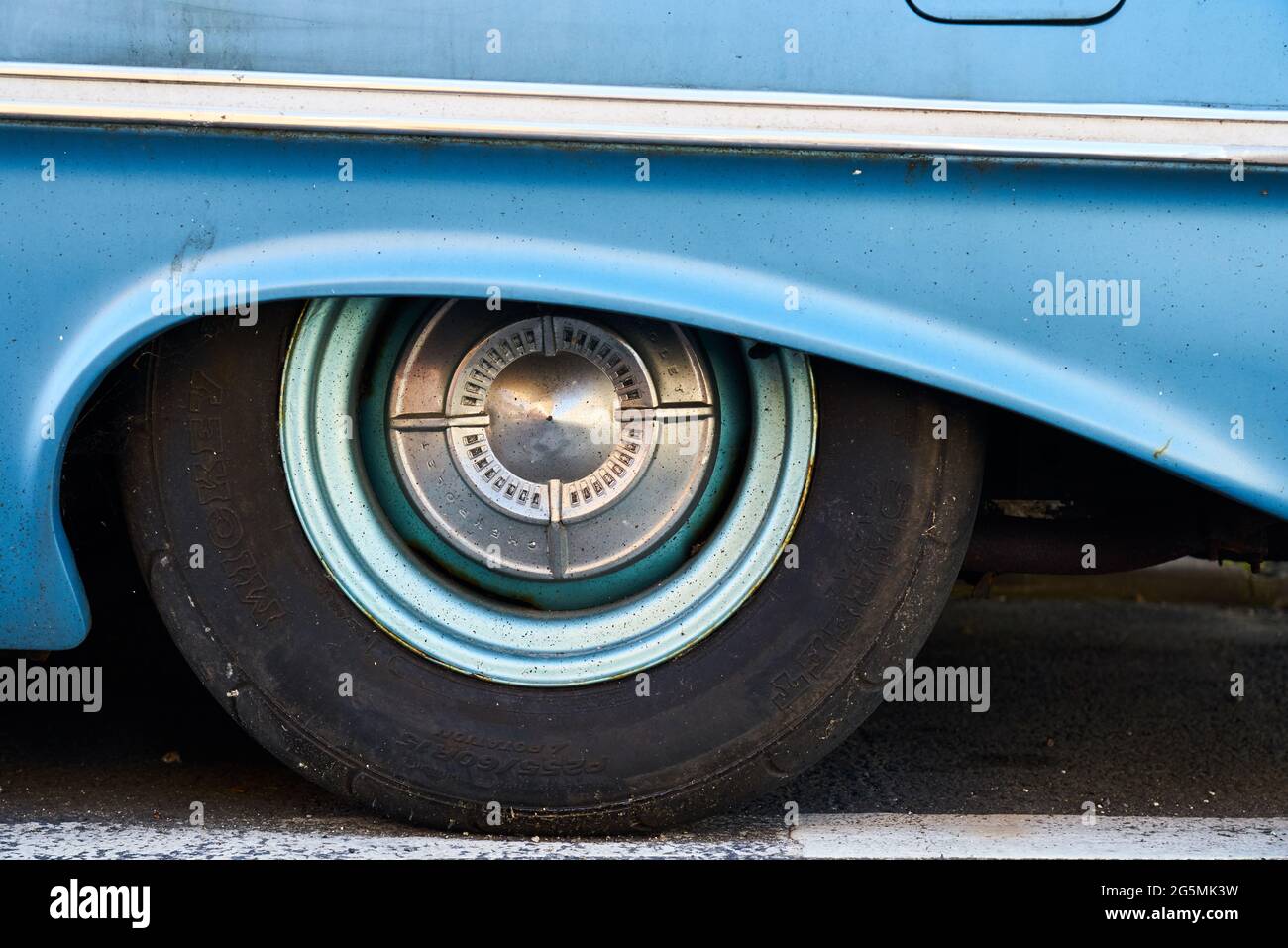 Detail of the wheel arch on a blue 1961 4 door Chevrolet Bel Air sedan ...