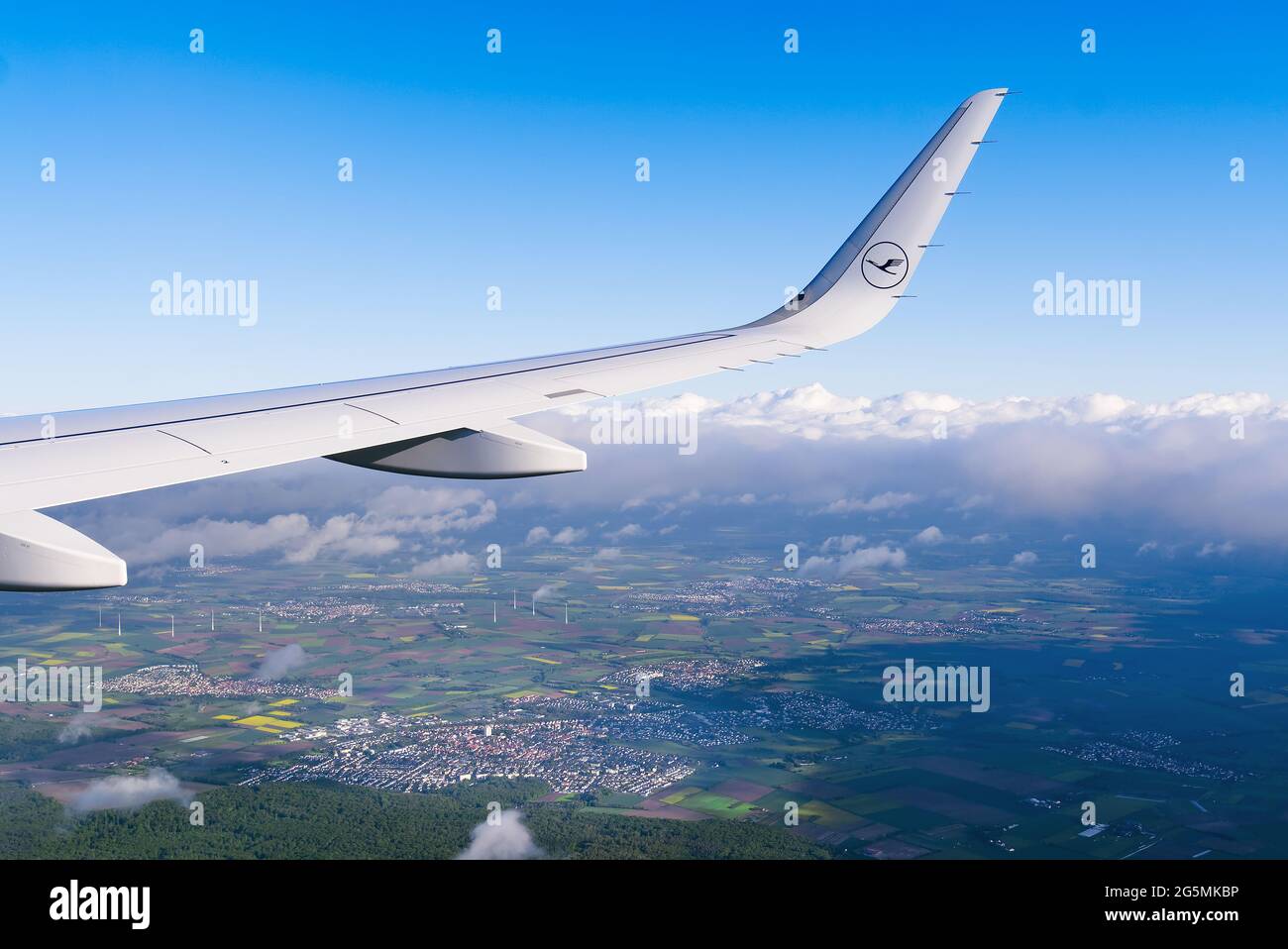 22.05.2021 Frankfurt, Germany: The Airbus A321 wing with Lufthansa ...