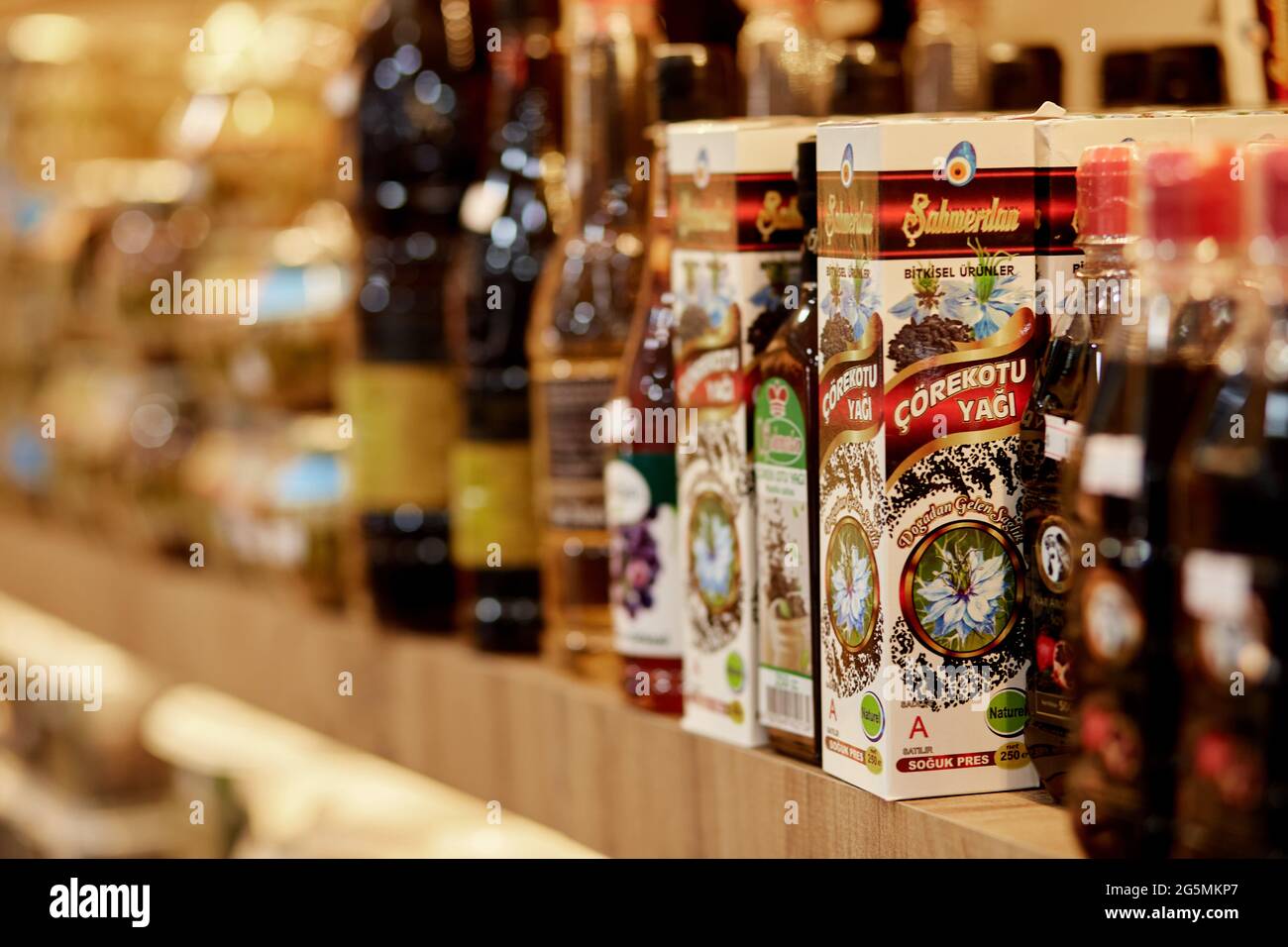 Kemer, Turkey - May, 25: Turkish delights, teas, sauces and souvenirs ...