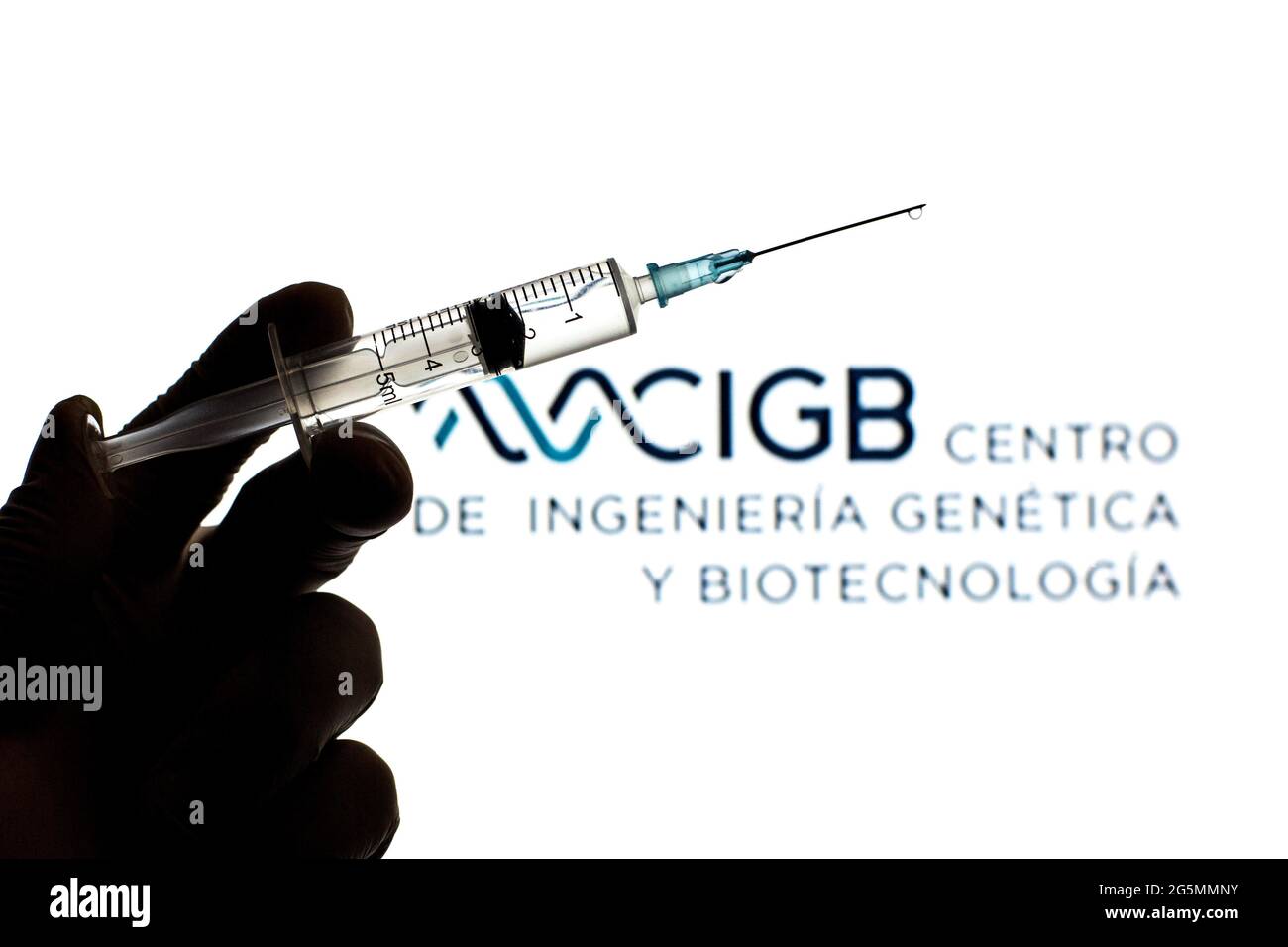 In this photo illustration a hand holding a medical syringe seen in ...