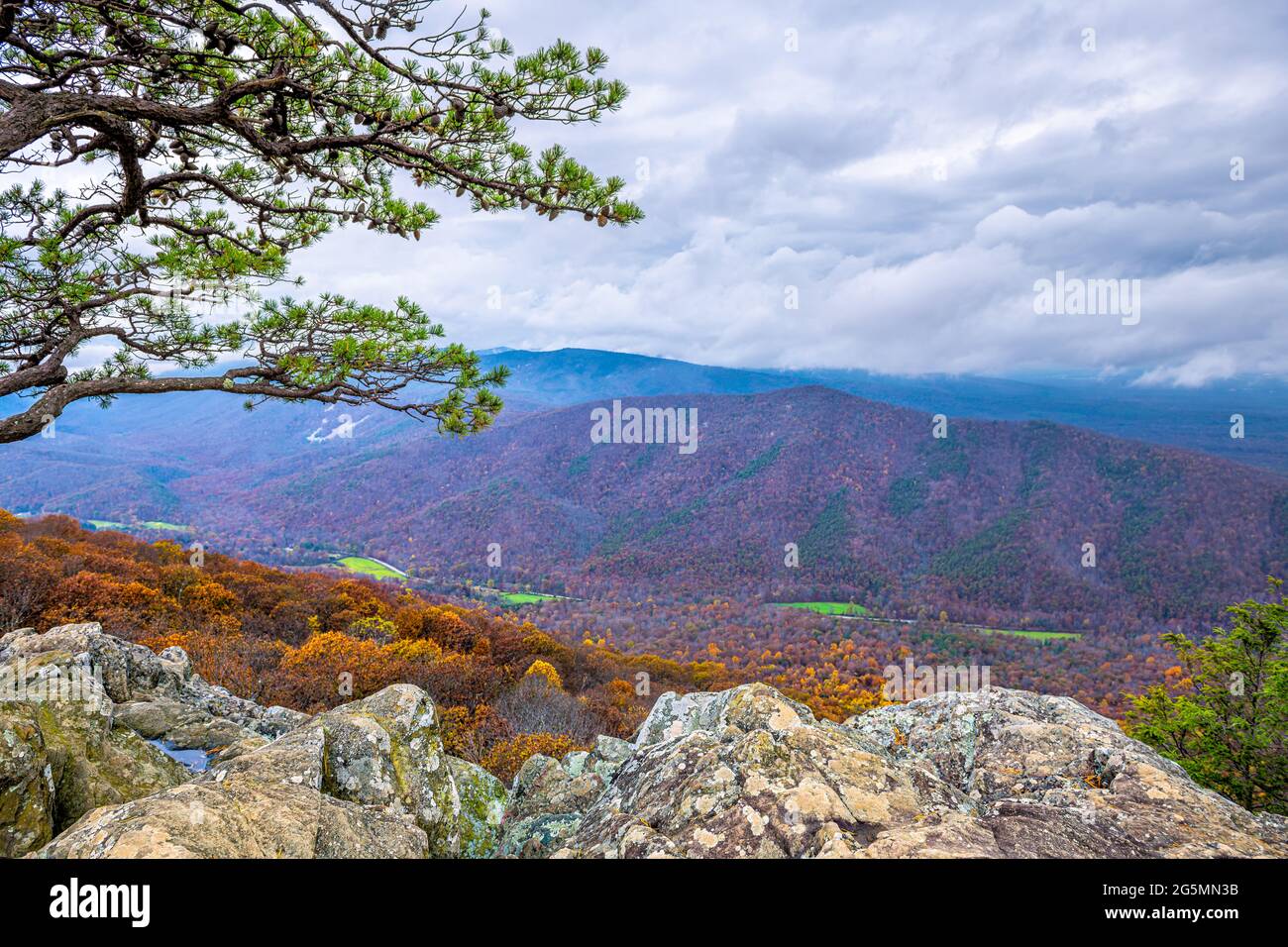 Blue Ridge parkway mountains in autumn fall foliage season with orange ...